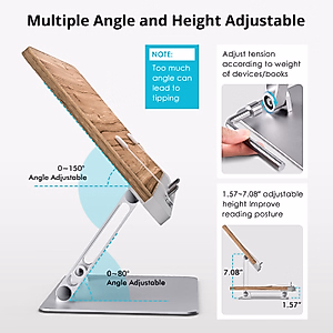 viozon Book Stand for Reading, Wooden Cookbook Holder, Adjustable Height&Angle, Aluminum Alloy, Foldable & Portable, for Office, Kitchen, School. Kids & Adults Textbook, Recipe, Magazine, Tablet-