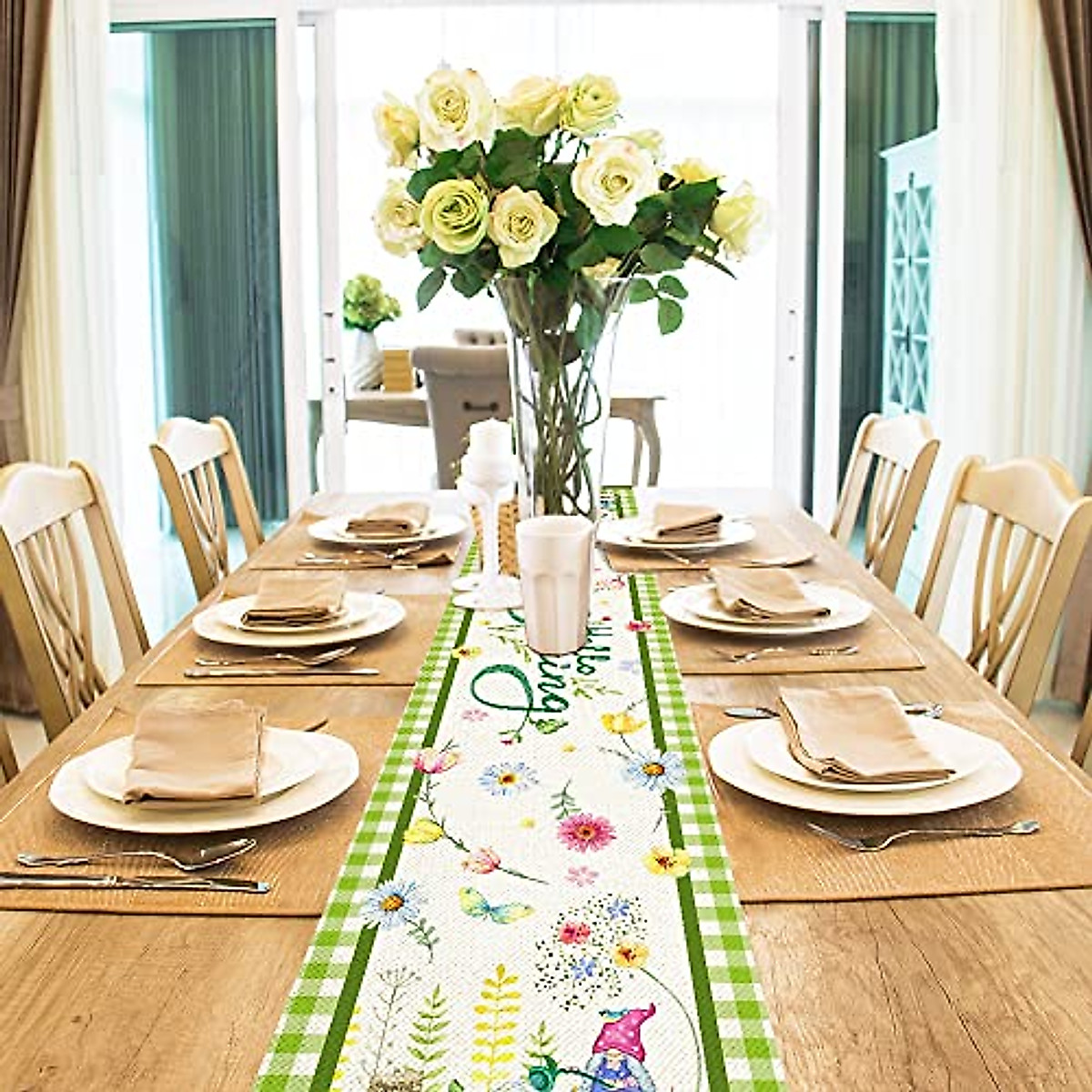 Spring Table Runner, Hello Spring Table Runners 72 Inches Long, Blue Truck with Gnomes Seasonal Runner, Flowers Blossoms Green Buffalo Plaid Small Coffee Table Cloth for Home Dining Room