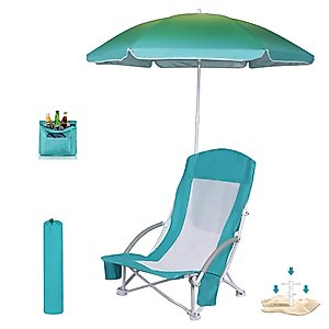WGOS Beach Chair, Beach Chair with Umbrella, Beach Chair for Adults Camping Chair High Back with Umbrella and Cooler, Portable & Lightweight for Beach, Outdoor, Camping (Set of 1 Blue)