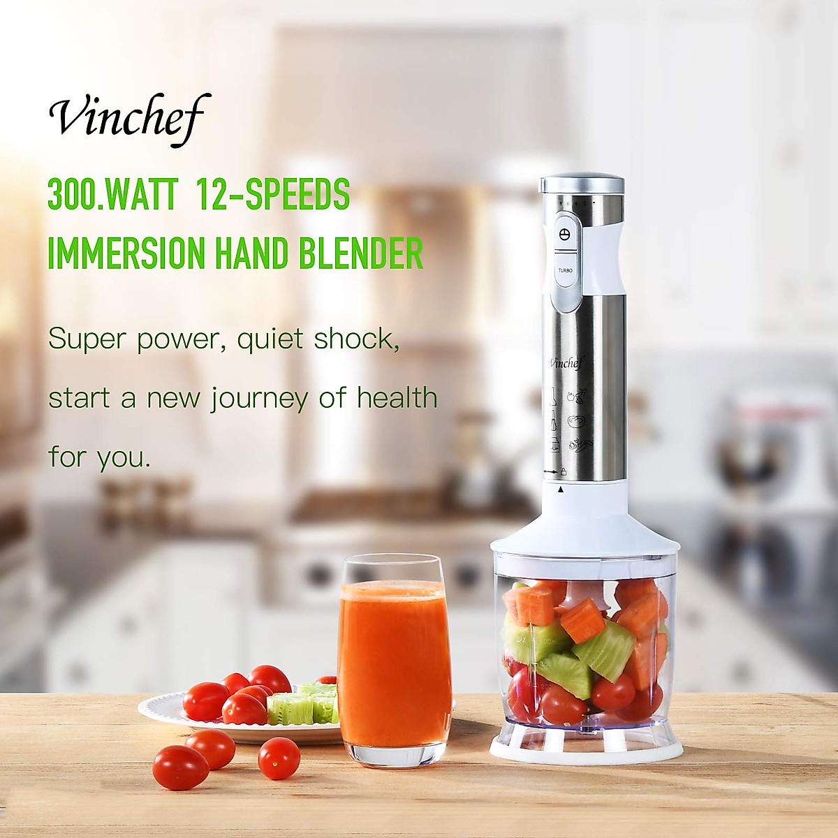 Vinchef 5 in 1 Immersion Hand Blender, 300 Watt, Multi-Speed Stainless Steel Handheld Stick Blender with 700ml Beaker, Whisk, Chopper/Grinder Bowl and Wall Rack, BPA-Free