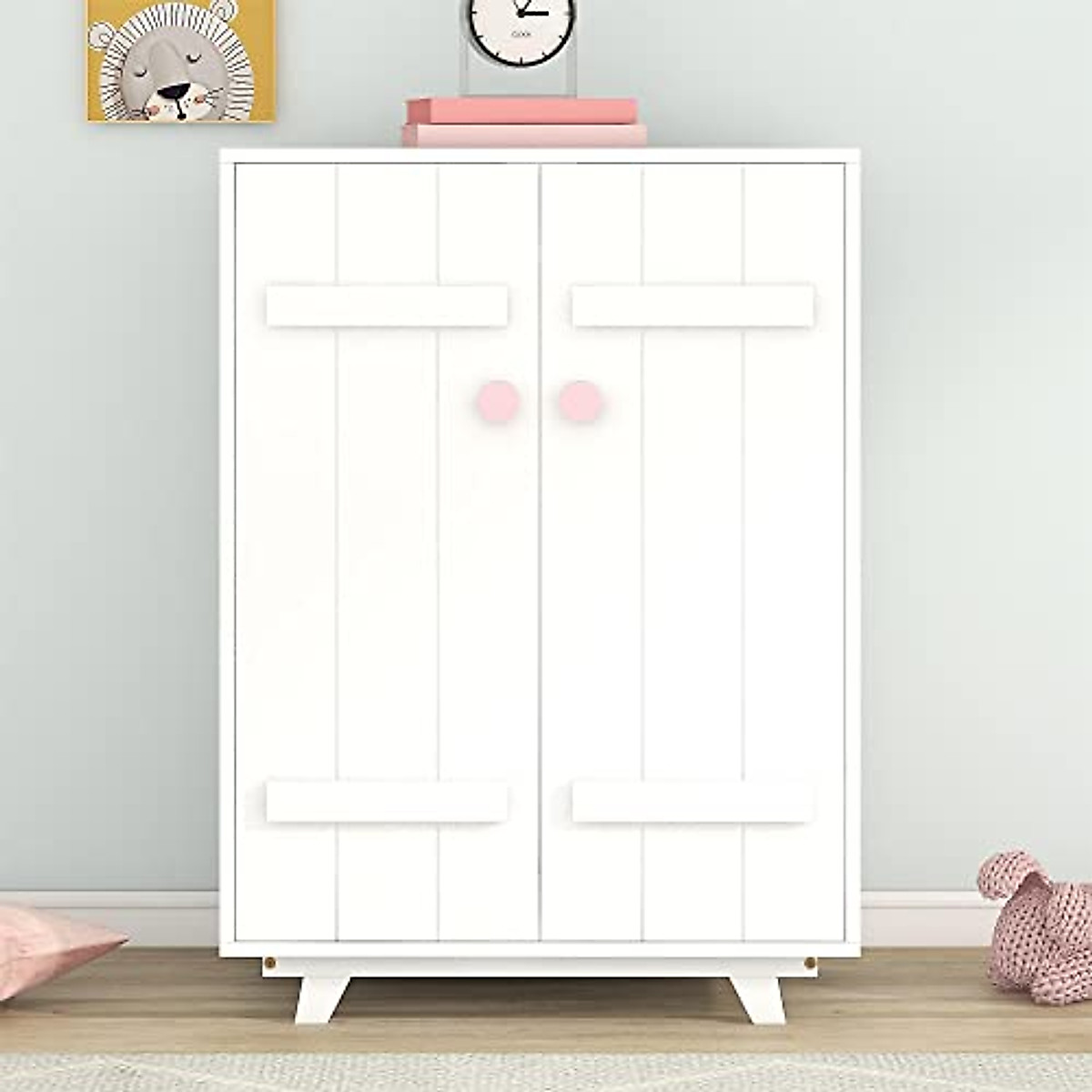 Bellemave Kids Wardrobe with Hanging Rod, Cute Wooden Wardrobe Closet with 2 Doors, Freestanding Wardrobe Cabinet, Storage Armoires for Boys Girls (White)