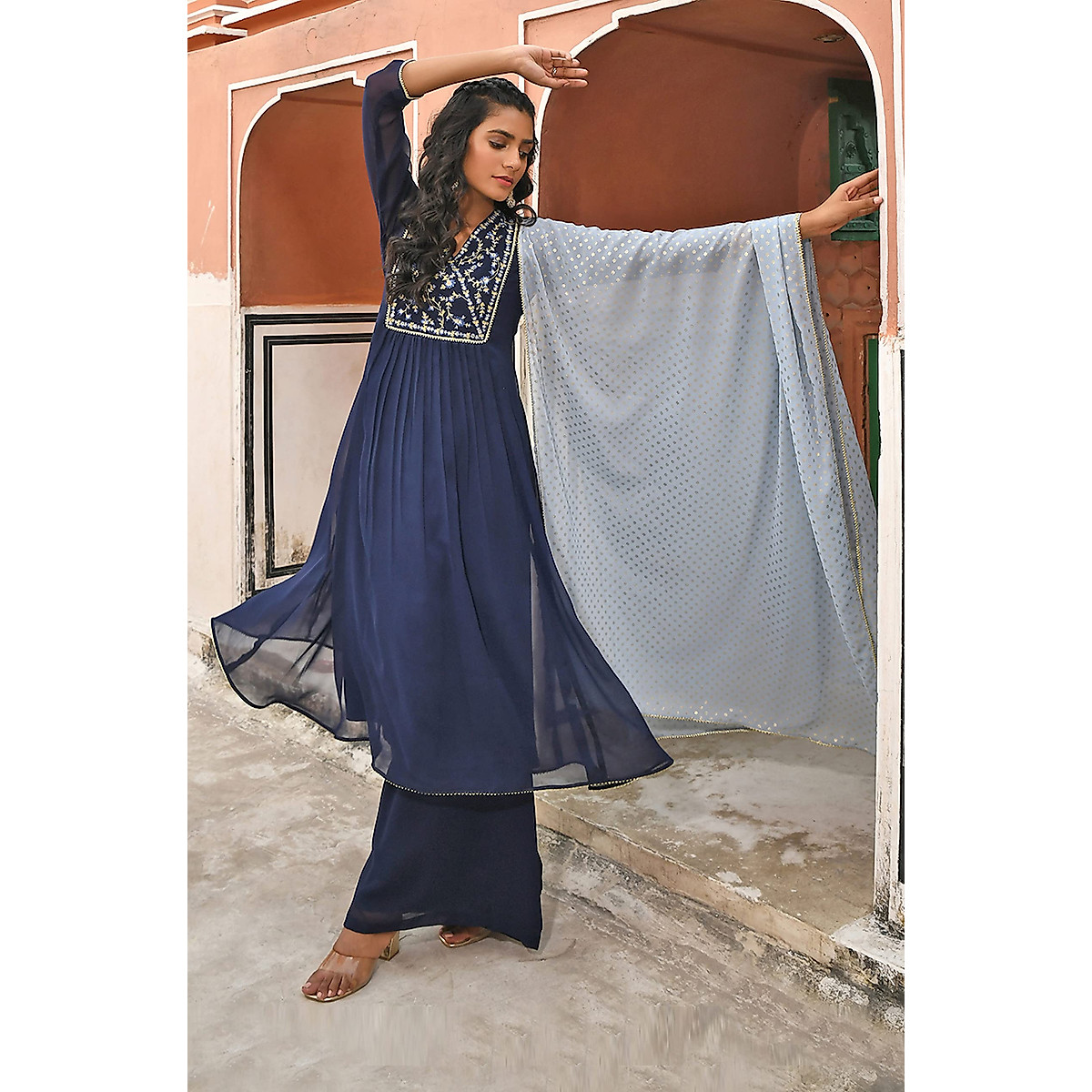 Janasya Indian Women's Navy Blue Georgette Embroidered Kurta with Flared Palazzo and Dupatta