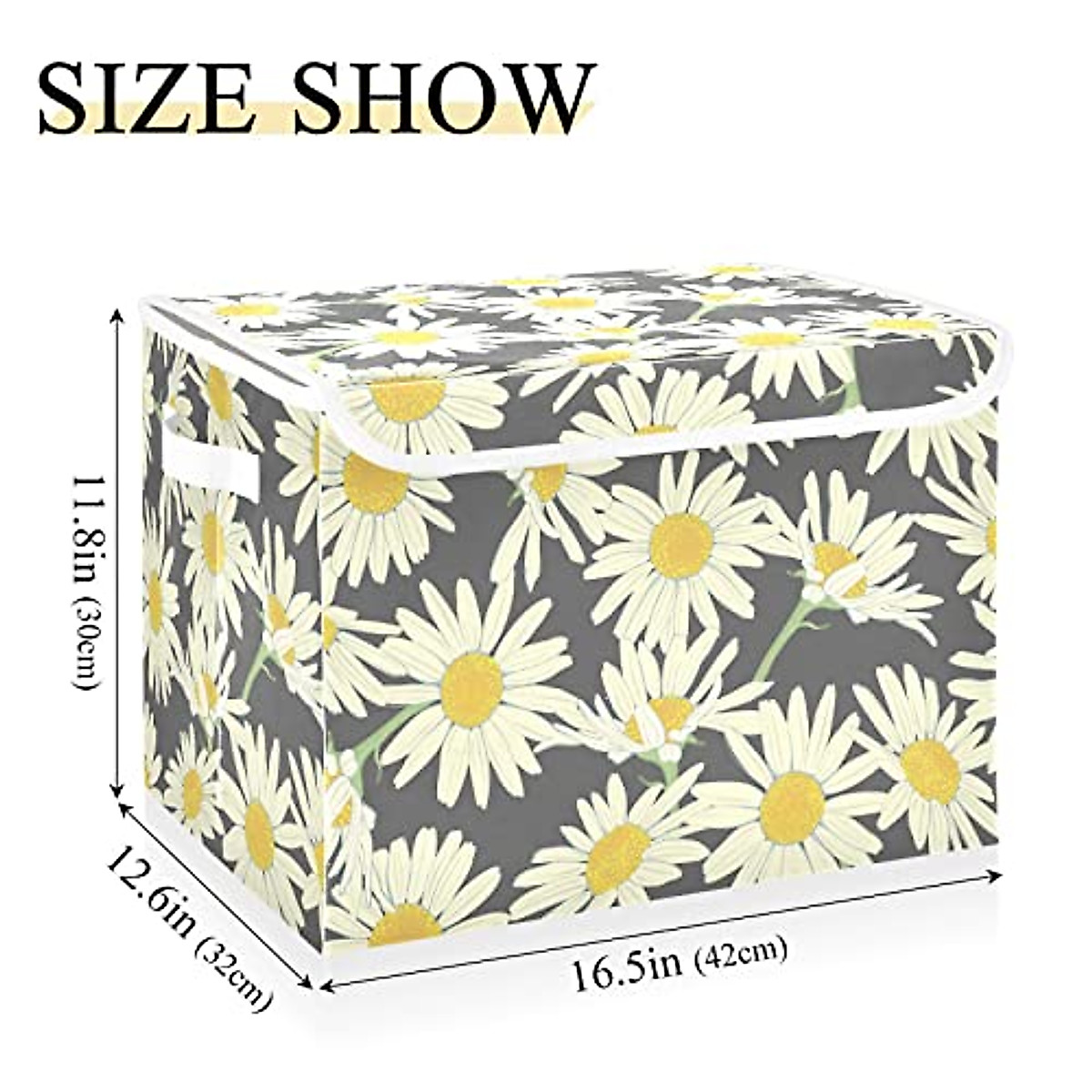 ZRWLUCKY Floral Pattern Camomile Cute White Storage Bins with Lids and Handle Durable Collapsible Storage Container Bin for Playroom, Office, Kids, Nursery