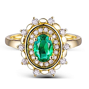 Lanmi 14K Yellow Gold Natural Emerald Diamonds Ring for Women Promise Engagement Wedding Anniversary Promotion