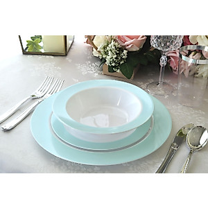 " OCCASIONS " 50 Plates Pack (25 Guests)-Wedding Party Disposable Plastic Plate Set -25x10.5'' Dinner + 25x7.5'' Salad/dessert plates (Rio, White & Pearled Turquoise Blue)