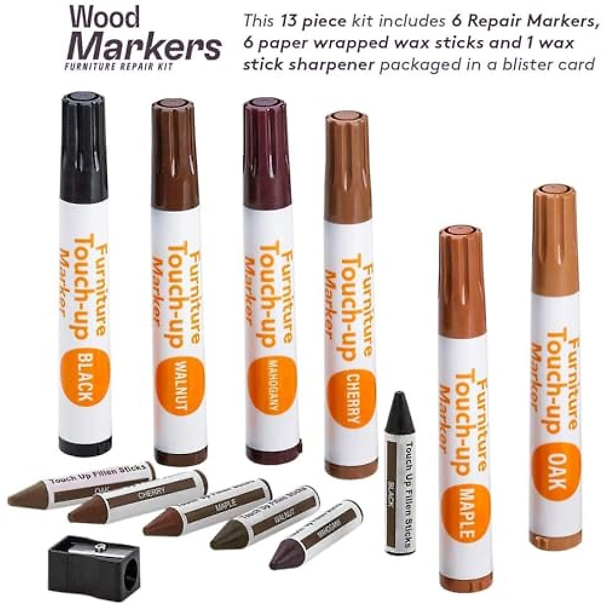 Katzco Furniture Repair Kit Wood Markers - Set of 13 - Markers and Wax Sticks with Sharpener - for Stains, Scratches, Floors, Tables, Desks, Carpenters, Bedposts, Touch-Ups, Cover-Ups