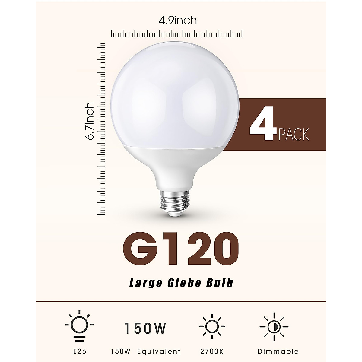 Tujoe LED Globe Light Bulbs G120 Globe Bulb Warm White 3000k Dimming Light Bulbs E26 Base LED Globe 15w Large Light Bulb for Indoor Room Lighting Home Decoration(4 Pcs)