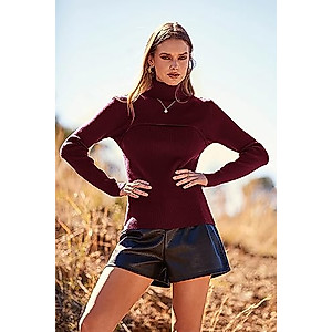 PRETTYGARDEN Women's Fall Fashion Turtleneck Pullover Sweaters Casual Long Sleeve Cable Knit Fitted Jumper Tops (Wine Red,Medium)
