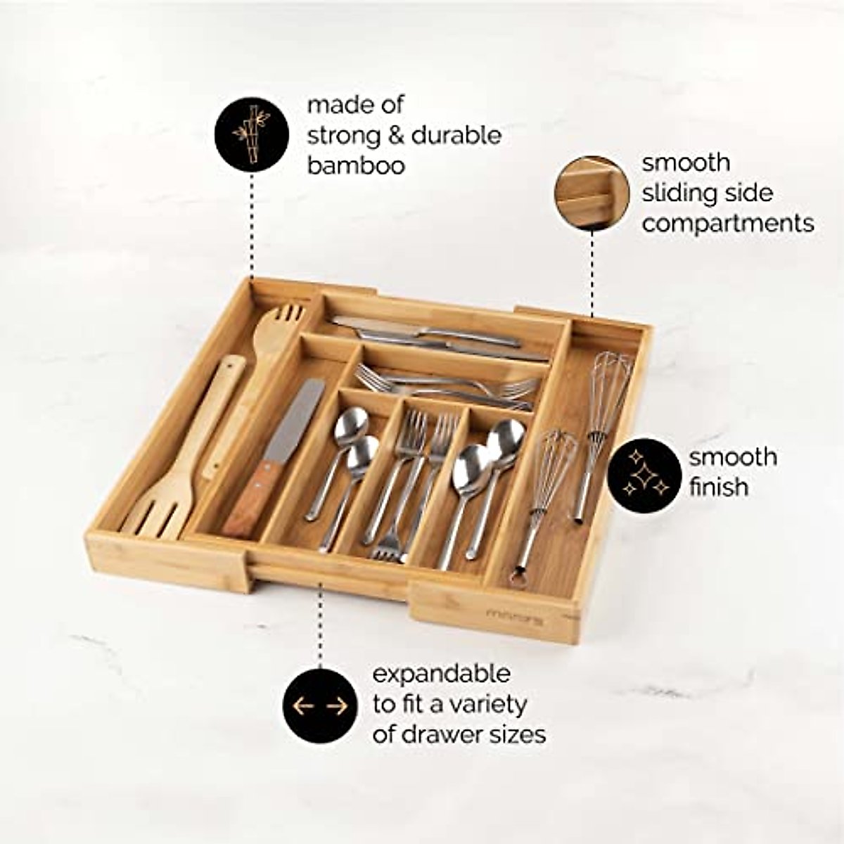 Bamboo Kitchen Drawer Organizer - Easily Adjust The Wooden Tray Width to Drawer Size, Deep Enough to Fit Entire Drawer and Accommodates Different Kitchen Utensil and Cutlery Sizes.