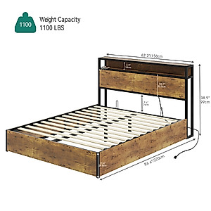 YITAHOME Lift Storage Bed Frame, Queen Size Bed Frame with 2-tier Storage Shelf Headboard, LED Light Platform Bed Frame with Charging Station, No Spring Box Needed, Rustic Brown