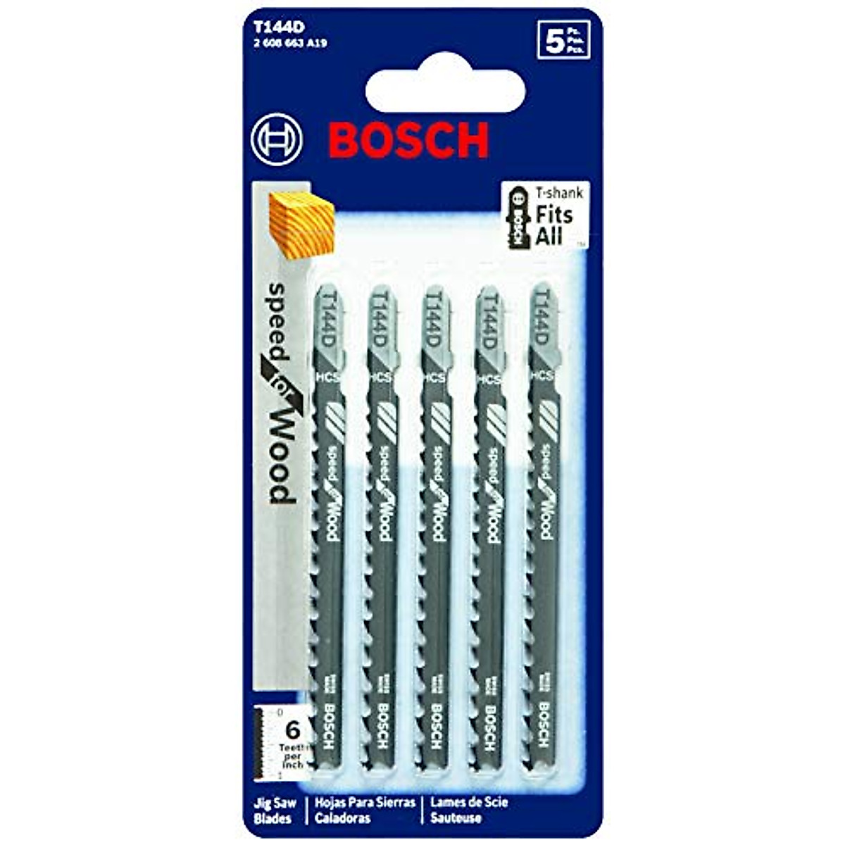 BOSCH T144D 5-Piece 4 In.6 TPI Speed for Wood T-Shank Jig Saw Blades