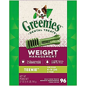 Greenies Weight Management Teenie Natural Dog Dental Care Chews Weight Control Dog Treats, 27 oz. Pack (96 Treats)