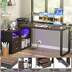 L Shaped Desk with File Cabinet & Power Outlet, 55 Inch Large Corner Computer Desks with LED Strip, L-Shaped Computer Desk with Drawers and Storage Shelves for Home Office, Espresso