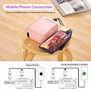 Portable Projector, Outdoor Projector, LED Aesthetic Video Mini Projector for Outdoor Portable Movies Compatible with HDMI, USB, Laptop, TV Stick, iOS and Android Phone, Pink
