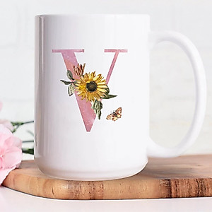 Novelty Quote White Ceramic Coffee Mugs 15oz,Sunflower Pink Initial Alphabet Monogram Letter V Funny Coffee Mug Porcelain Humorous Coffee Cup for Christmas Friends Classmate Teacher Kids