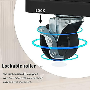 JVIBI Multipurpose Kitchen Cart Cabinet with Side Storage Shelves,Rubber Wood Top, Adjustable Storage Shelves, 5 Wheels, Kitchen Storage Island with Wine Rack for Dining Room, Home,Bar,Black