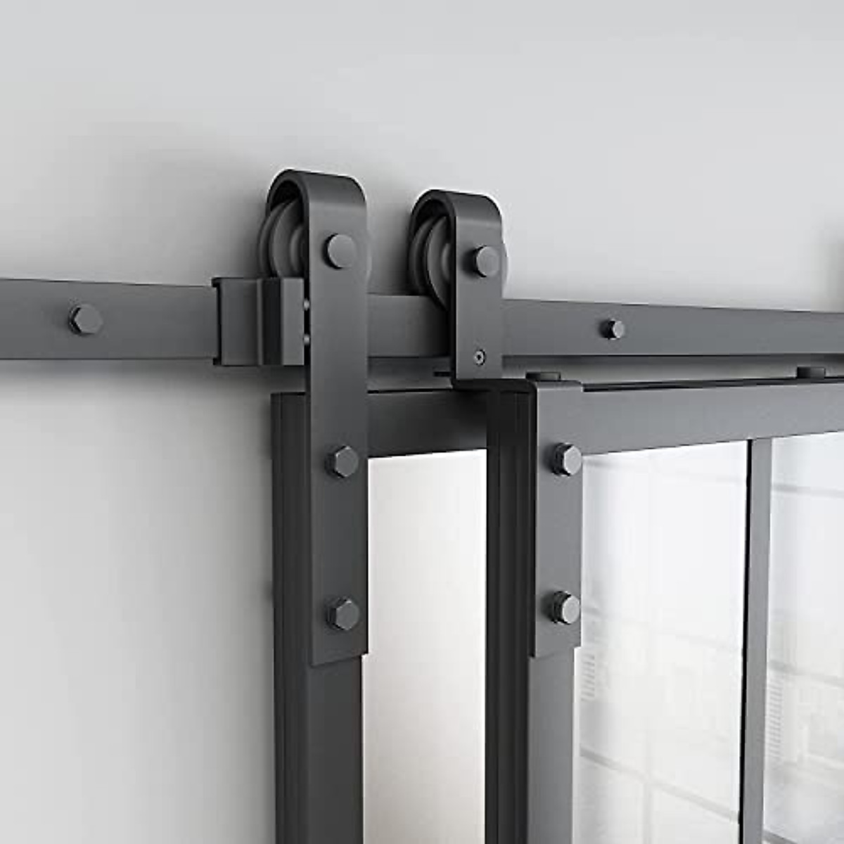 BARNSMITH Bypass Double Glass Barn Door 84 x 84 in with 7.5FT Side-Mounted Hardware Kit, 2 Sets of 42x84 Frosted Glass Aluminum Frame Barn Door,Assemble Required (2 * 42inx 84in)