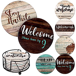 Funny Coasters for Coffee Table - 6 Sarcastic Absorbent Stone Cork Drink Coasters, Farmhouse Bar Coasters for Drinks with Holder, Cool Housewarming Gift, New Home - Cup Coster for Wooden Table