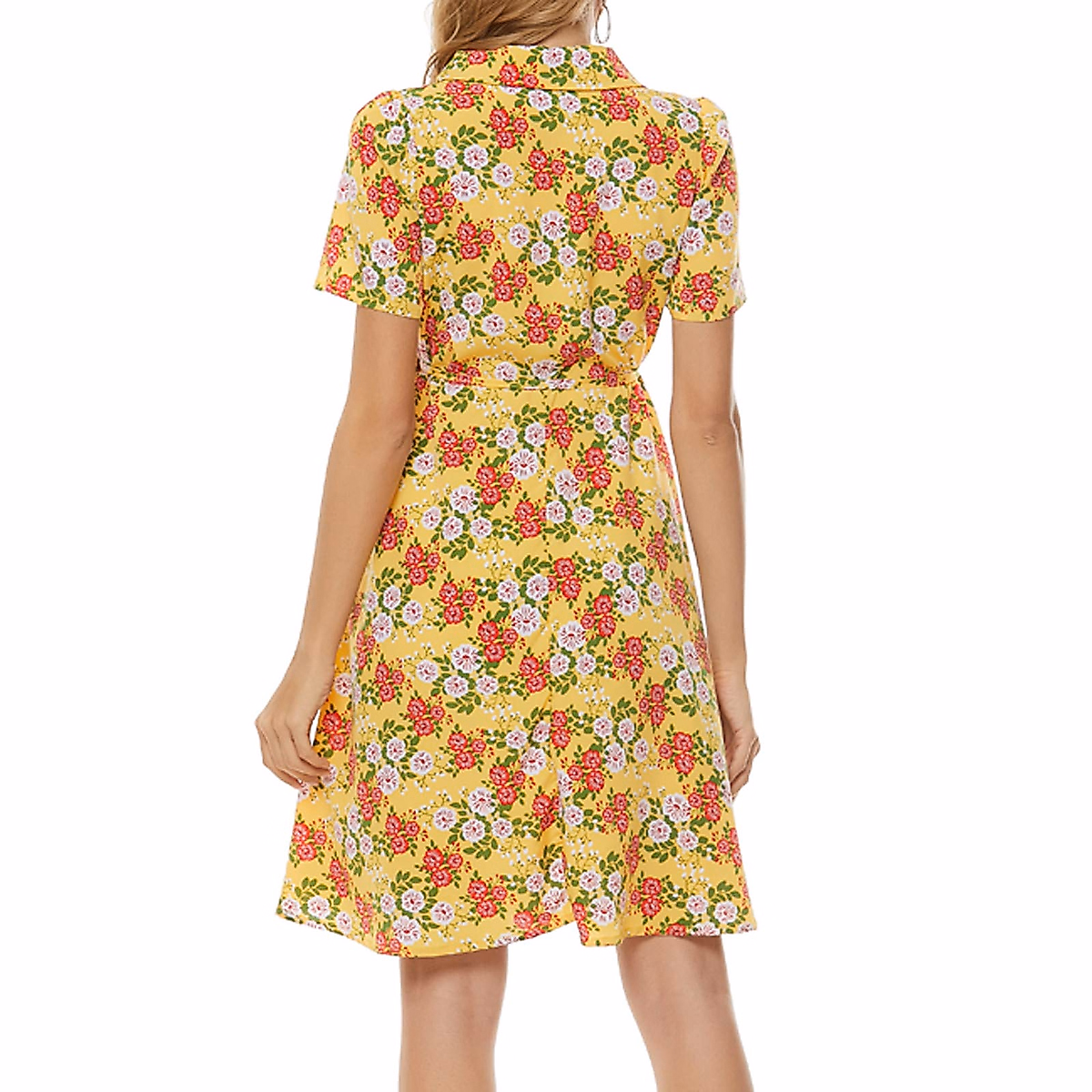 Padaleks Womens Dresses Summer Casual Floral Print Short Sleeve Midi V-Neck Baggy Split Beach Party Dress w/Belt