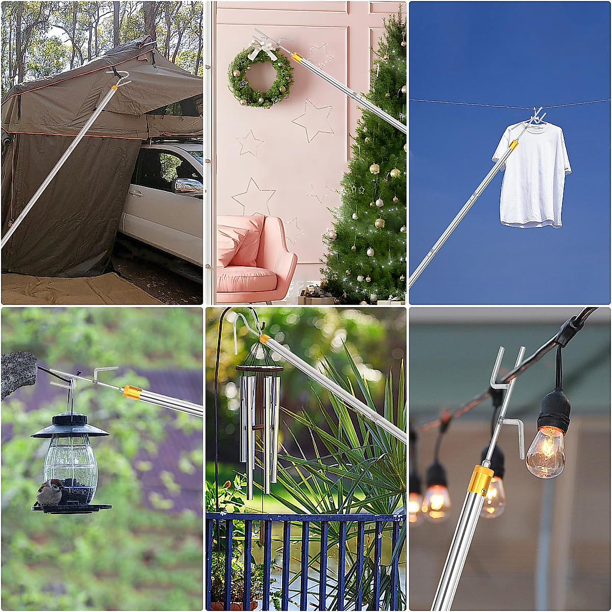 Clothes Hook Pole,29-71 Inch Adjustable Extension with Hook Bar.Suitable for Clothes Hanger Rod, Christmas light, Hanging Flowerpot Plants and Bird Feeder, Tent Shelter Camper Canopy (with two hooks)