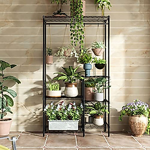 Xiofio Plant Stands for Indoor Plantsd Outdoor Plant Shelf, 6 Tier 16 Pots Flower Pots Holder Storage Shelf Flower Stands With hanger rod for Living Room Balcony and Garden,Black