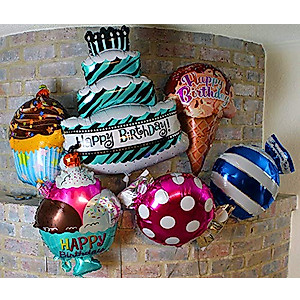 Happy Birthday Large Foil Balloon set - (6 pack) Cake, cupcake, ice cream cone, ice cream bowl, pink candy, blue candy by Par-T