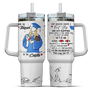 99OWL Graduation Girl Adventure, Tumbler 40 Oz With Handle Lid And Straw, Graduation Gifts, White Light Class Of Purple Handle Gold Tumblers Royal Navy Rose Blue Heart