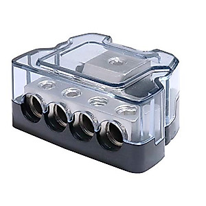 RKURCK 4 Way Power Distribution Block, 0/2/4 AWG Gauge in, 4/8/10 Gauge Out, Car Audio Stereo Amp Ground Distributor Connecting Block for Car Audio Amplifier Splitter (1 in 4 Out)