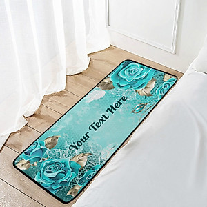 Sinestour Costom Teal Rose Turquoise Kitchen Rugs Non Slip Kitchen Mats for Home Decor, Washable, 39 x 20 Inch