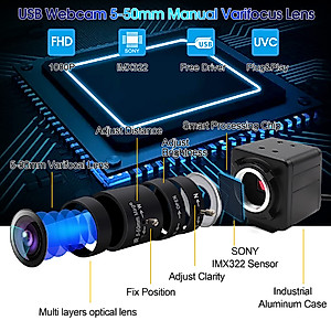 1080P USB Camera with Microphone Manual Zoom 5-50mm Webcam Variable Focus PC Camera H.264 Mini UVC USB2.0 USB with Camera for Computer Audio Video Close-up Camera Zoomable Web Camera