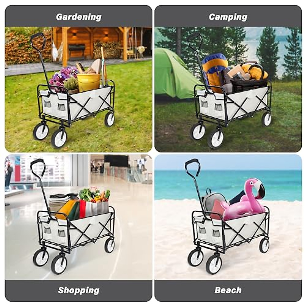 YSSOA Portable Rolling Folding Garden Cart with 360 Degree Swivel Anti-Slip Wheels & Adjustable Handle, 220lbs Weight Capacity, White