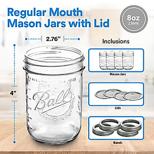 Regular Mouth Mason Jars 8 oz. (12 Pack) - Half Pint Size Jars with Airtight Lids and Bands for Canning, Fermenting, Pickling, or DIY Decors and Projects Bundled with Jar Opener