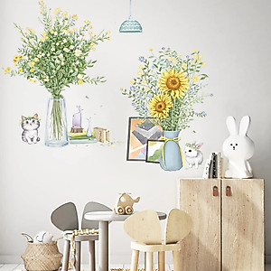 Sunflower Vase Plants Wall Sticker Cute Cat Rabbit Decor, Removable Daisy Flower Green Leaf Wallpaper Decals, AUHOKY Garden Potted DIY Art Mural for Living Room Bedroom Kitchen Nursery Home Decoration