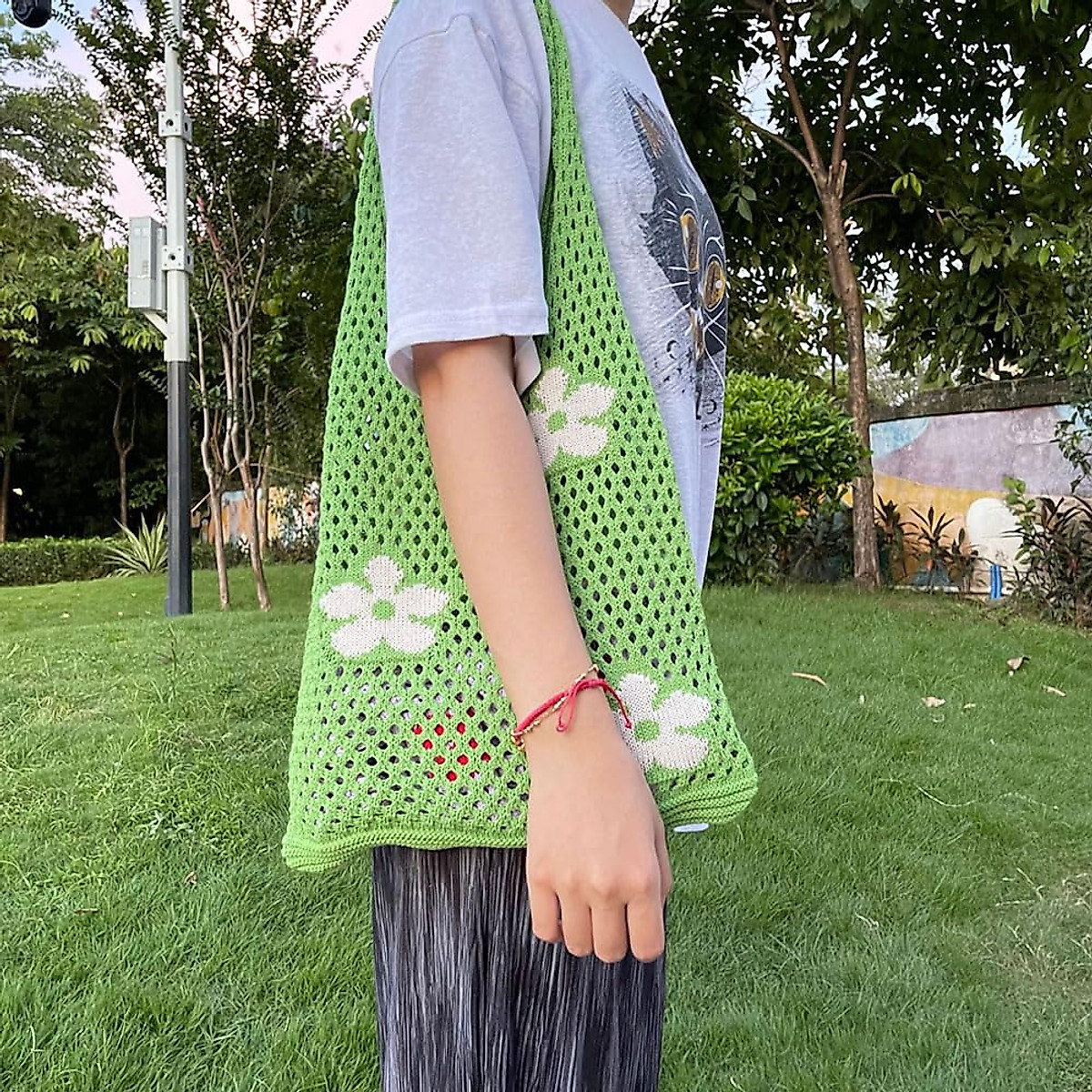 Arcimatto Crochet Tote Bag, Women Summer Aesthetic Mesh Beach Bags, Girls Hobo Bags Y2k Purse Fairy Grunge Accessories (Green Flower)