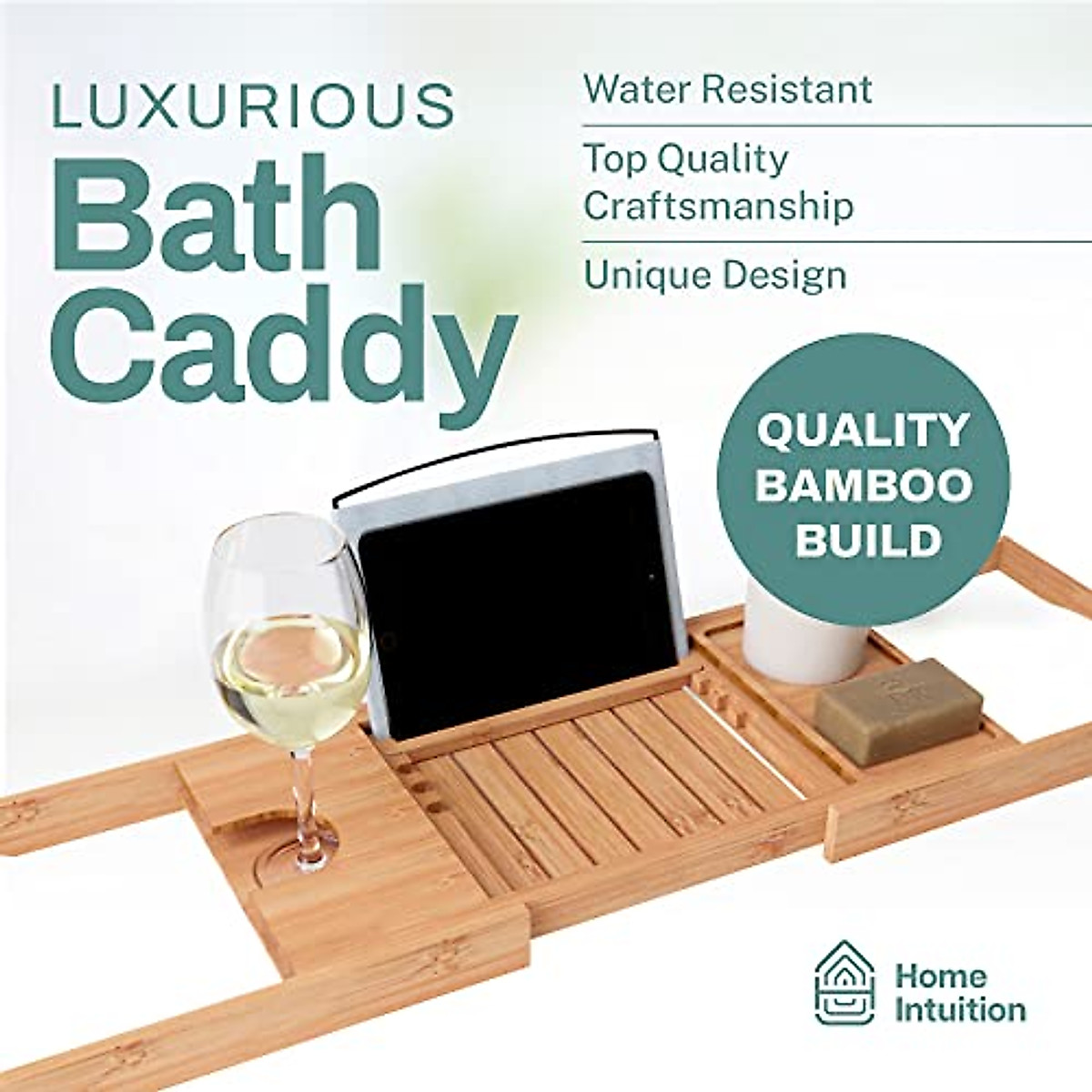 Home Intuition Expandable Bamboo Bathtub Tray Caddy (27.75-41.5 Inches) Luxury Bath Tub Tray Table Bathtub Caddy Bath Accessories for Women & Men Bath Tray Shelf with Book & Wine Holder