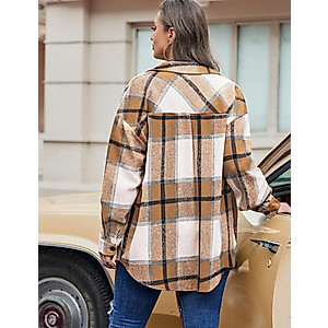 IN'VOLAND Women's Plus Size Flannel Plaid Shacket Casual Button Down Long Sleeve Flannel Shirts Lapel Fall Brown Jacket 20W
