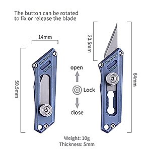 TACRAY Titanium Utility Mini Knife, Small Box Cutter with Retractable and Replaceable Blade for Multiple Cutting Tasks and EDC, comes with 2pcs of extra blades for replacement (Blue)