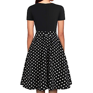 YATHON Women's Business Retro 50s Black Polka Dot Pockets Swing Casual Dresses Keyhole Cutout Fit and Flare Dress for Summer Party Holiday (XL, YT018-Black Dot)