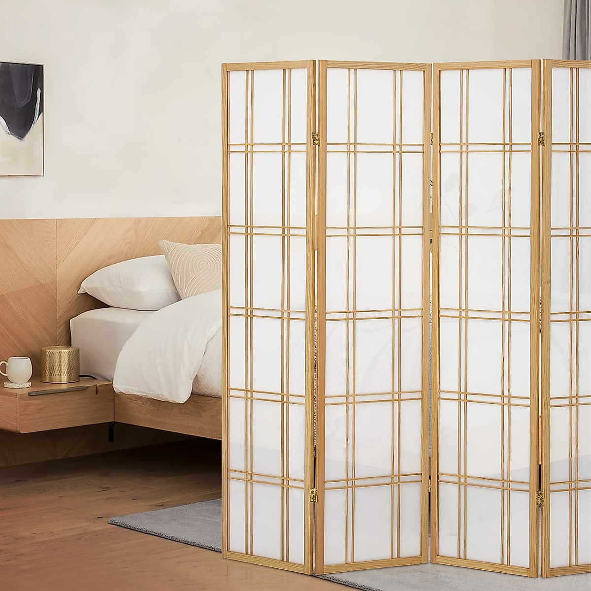 MoNiBloom Oriental Room Dividers and Folding Privacy Screens 5.7ft Shoji Room Divider Double Cross Folding Partition Freestanding Wood Wall Dividers with 4 Panel for Office Changing Room, Natural