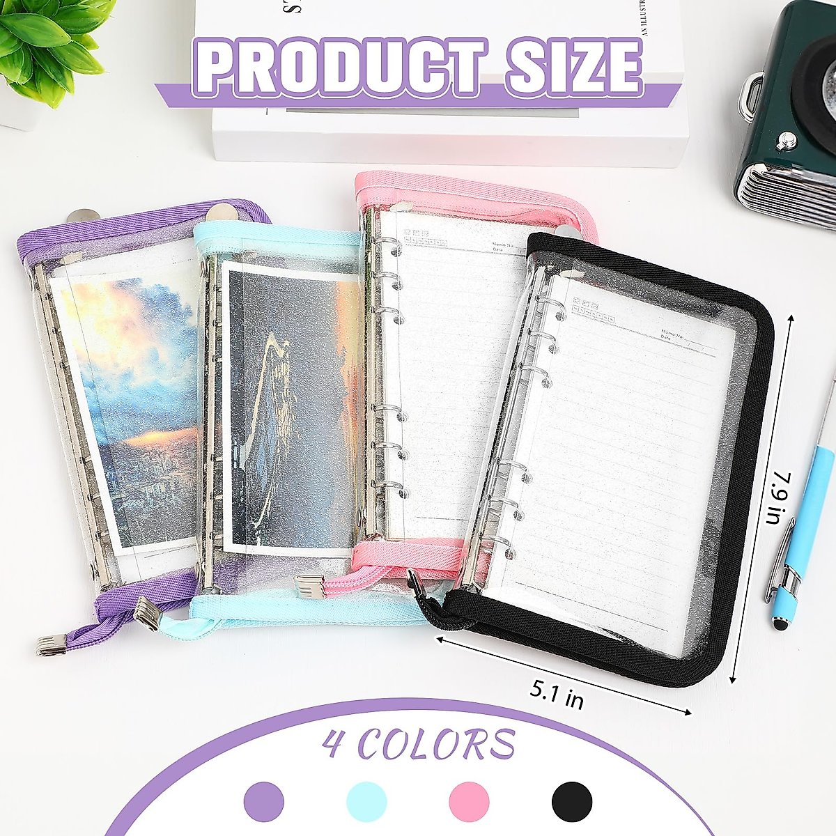 Kosiz 4 Pcs A6 Binder Cover 6 Ring Notebook Binder Clear Soft PVC Zipper Binder A6 Budget Binder Folder A6 Planner Cover Refillable Notebook Shell for Journal Photo Album, 7.9'' x 5.1'' (Multicolor)