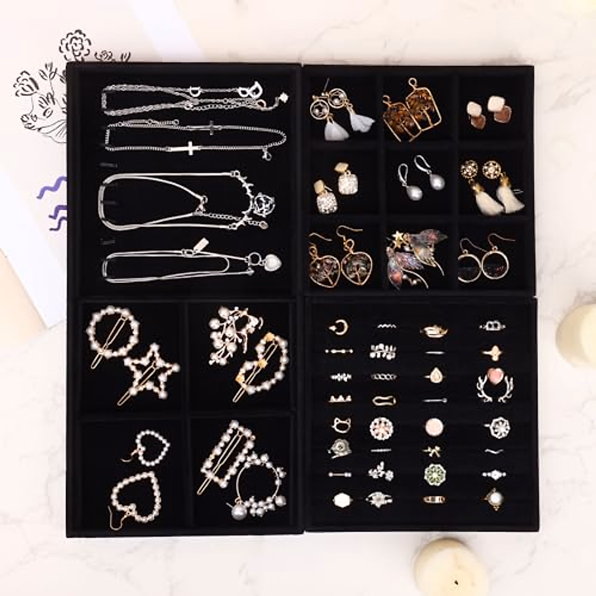 Fixwal Jewelry Tray for Drawers Set of 3, 14in Stackable Jewelry Organizer, Jewelry Storage for Earring, Necklace, Bracelet, Watch with Removable Divider, Black