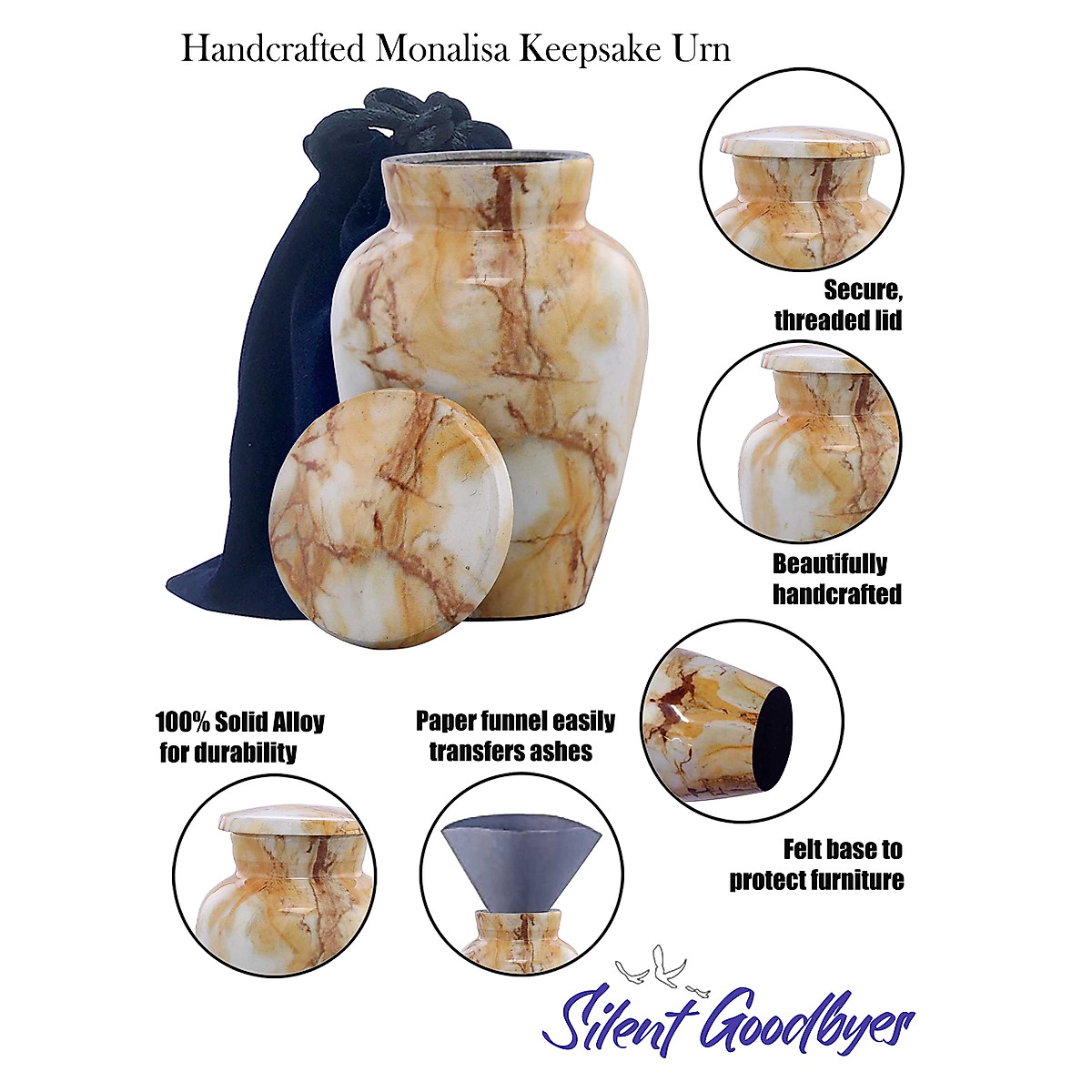 Small Keepsake Cremation Urns for Human Ashes - Marble Finish Metal Keepsake Urn - Mini Cremation Urn for Pet Ashes - Handcrafted Memorial Urn - Funeral Urns with Velvet Bag (Monalisa)