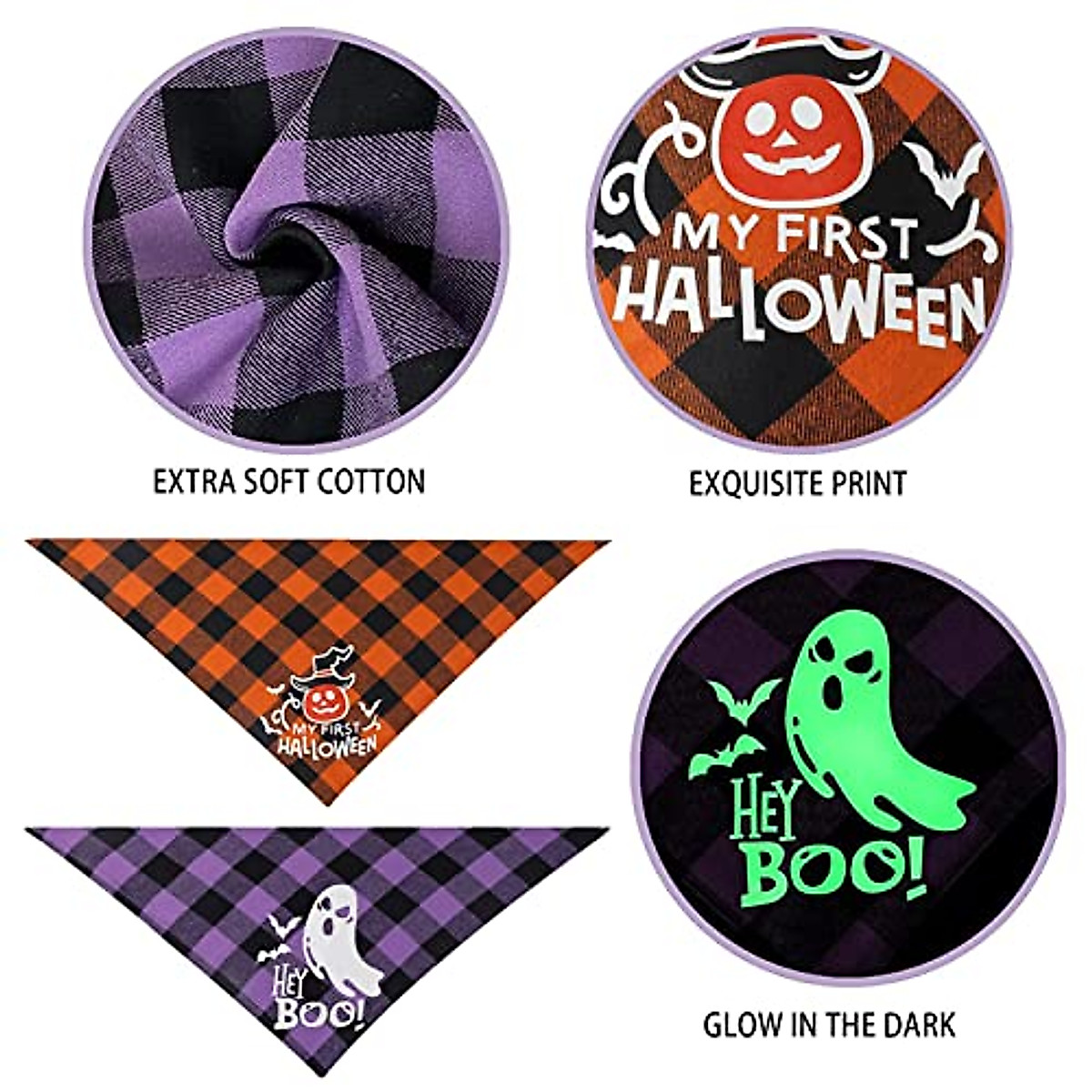 VMPETV 2 Pack Dog Halloween Bandana Glow in The Dark, Fall Dog Bandana Fluorescent Halloween Costumes for Dogs Pumpkin Ghost Scarf Bibs Accessories for Small Medium Large Pets Cats