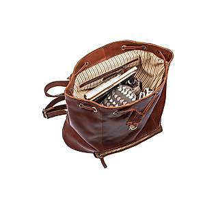 Zinda Genuine Leathers Unisex Backpack Drawstring Satchel Flap Over Book Bag Multiple Pockets Travel Bag (Cognac)