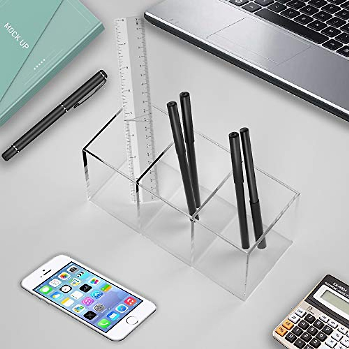 Dingelex Acrylic Pen Holder 3 Compartments,Clear Pencil Cup Organizer for Countertop Desk Accesorry Storage,Large Acrylic Marker Pencil Holder
