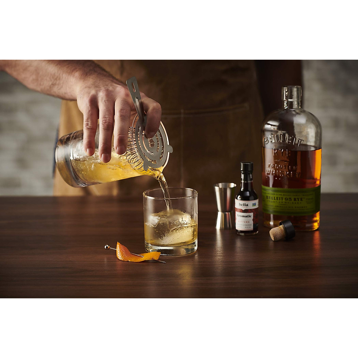 Whiskey Cocktail Kit: Rocks Drinking Glass Set, 750ml Crystal Mixing Glass, Ice Cube Mold, Stainless Bar Spoon Muddler, Strainer, Jigger, Garnish Picks, Bitters, Recipes Cards for Old Fashioned & More