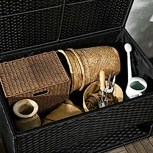 Outsunny Outdoor Deck Box and Shoe Storage, PE Rattan Wicker Towel Rack with Liner for Indoor, Outdoor, Patio Furniture Cushions, Pool, Toys, Garden Tools, Black