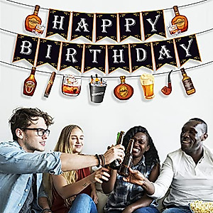 Whiskey Birthday Party Decorations 3 Pieces Whiskey Happy Birthday Banner and Whiskey Beer Banner for Black Gold Whiskey Themed Cheers Themed Whiskey Birthday Party Decoration