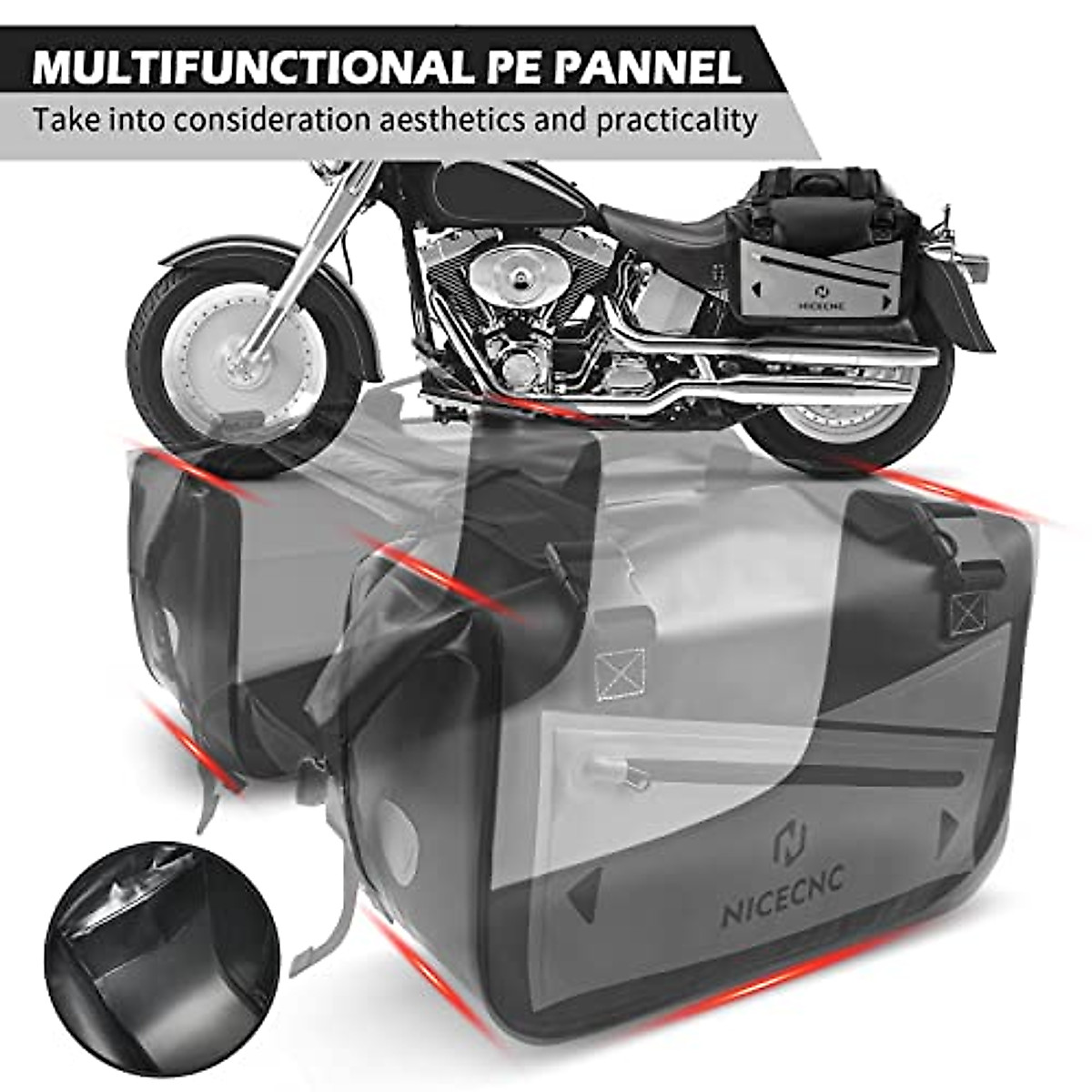 NICECNC 55L Motorcycle Saddle Bags, IPX6 Waterproof Motorcycle Luggage Saddlebags, Motorbike Side Travel Bags, No Sagging Reinforced Bottom Compatible with Harley Honda Suzuki Yamaha BMW Gray 2PCS