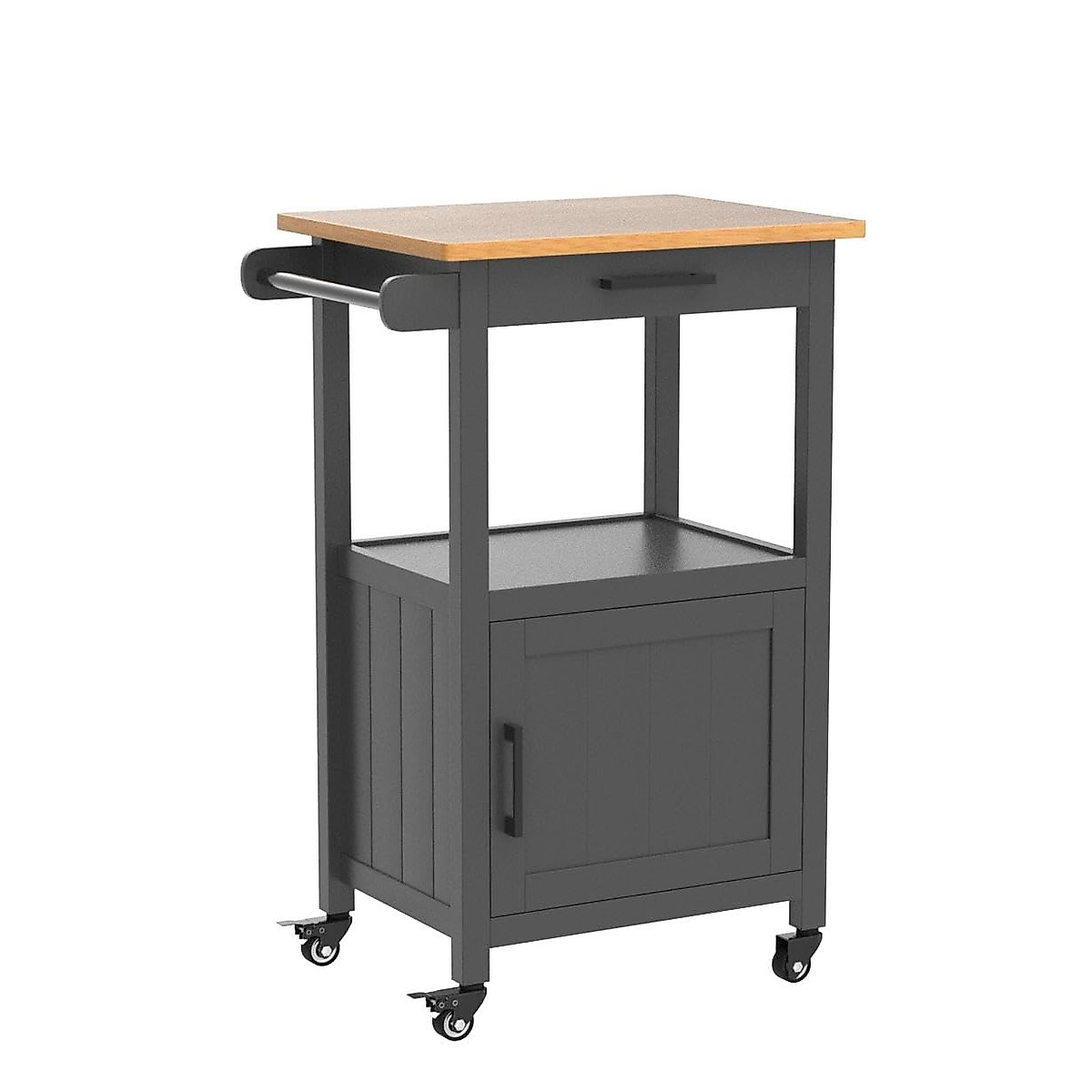 Qsun Kitchen Island Cart on Wheels with Drawer, Storage Cabinet, Shelf and Side Hook, Rolling Kitchen Cart with Rubber Wood Countertop, Microwaves Stand for Small Space, Black